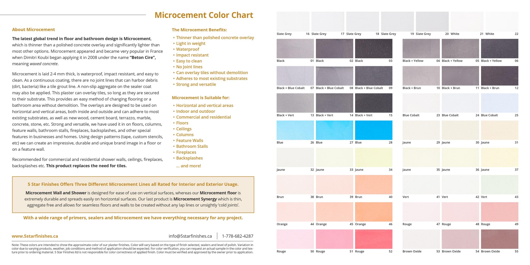 Venetian Plaster Color Chart | Microcement Color Chart – 5 Star Finishes Ltd